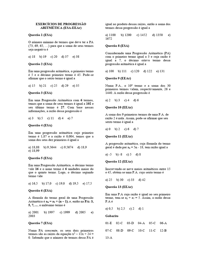 Questões de Progressão Aritmética ESA-EEAr | PDF | Matemática | Lógica matemática