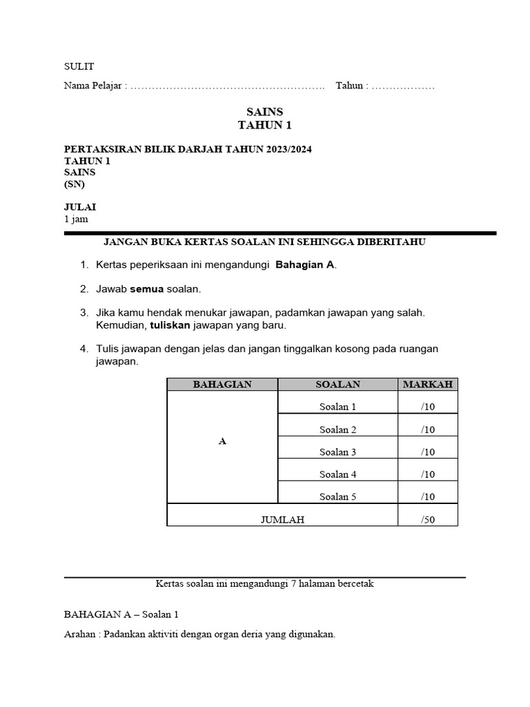 PBD Sains Tahun 1 2023 - Nur Sabila | PDF
