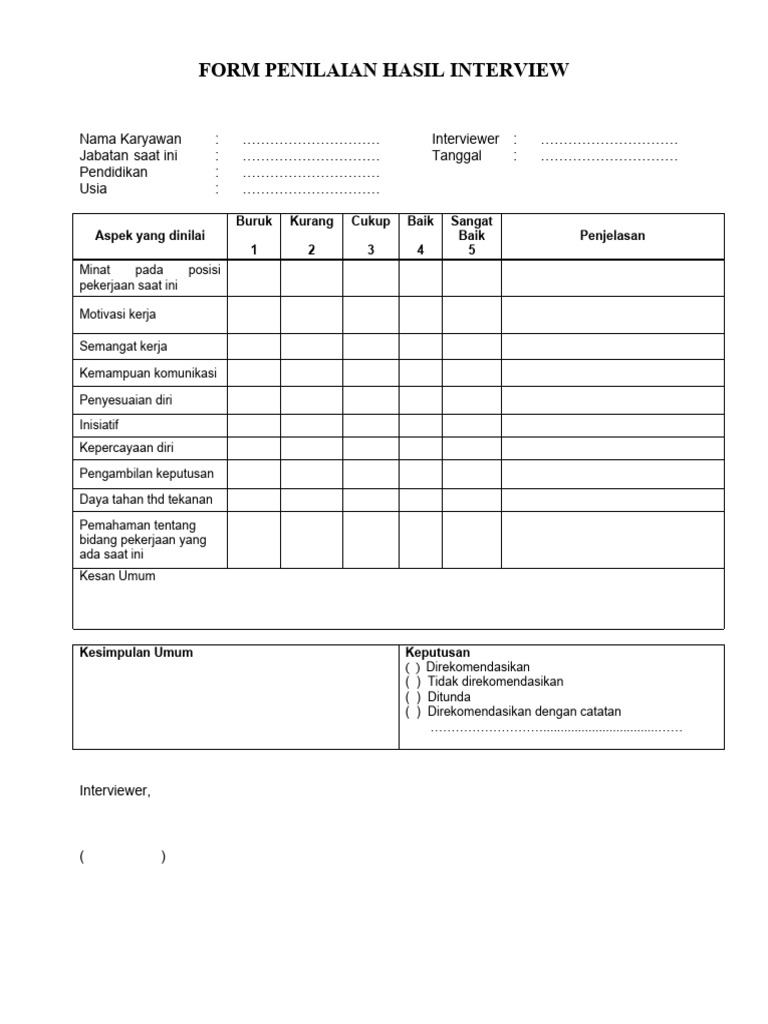 Form Penilaian Hasil Interview Karyawan | PDF