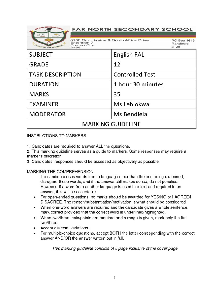 Grade 12 English FAL Test Guidelines | PDF | Multiple Choice | Human ...