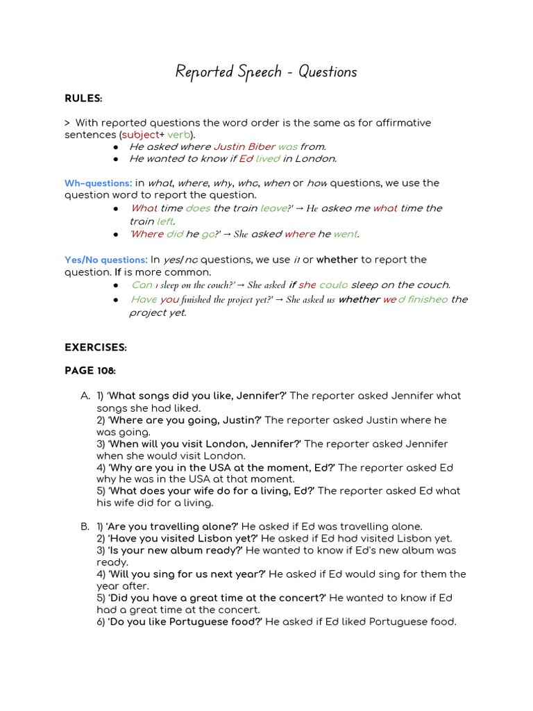 Reported Speech - Questions | PDF | Language Mechanics | Linguistics
