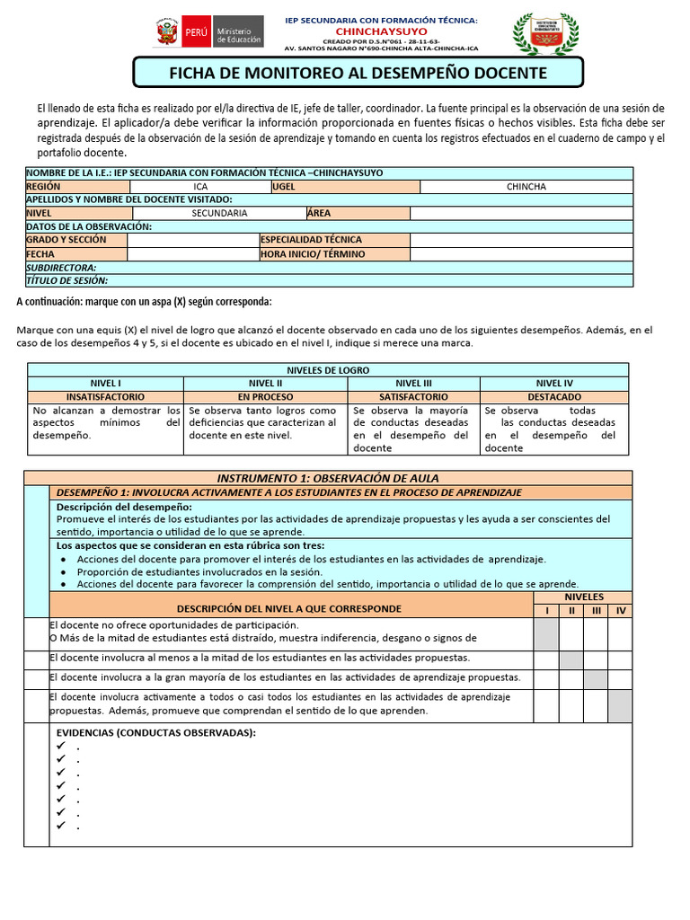 Ficha de Monitoreo Al Desempeño Docente - 2024 | PDF | Evaluación | Aprendizaje