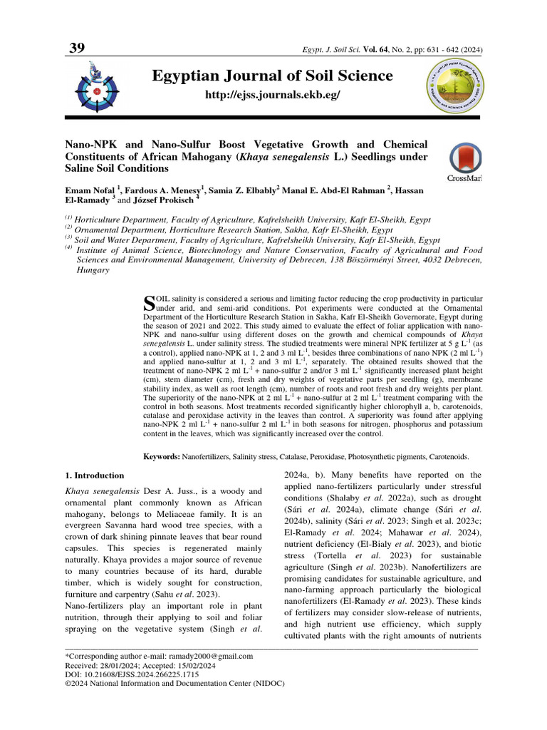 EJSS - Volume 64 - Issue 2 - Pages 631-642 | PDF | Plant Nutrition | Soil