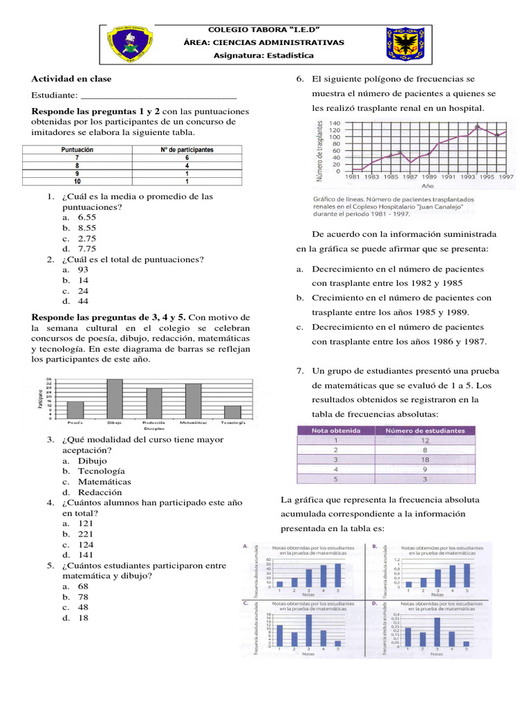 10 - Prueba Tipo ICFES - Estadìstica | Descargar gratis PDF | Desviación Estándar | Significado ...