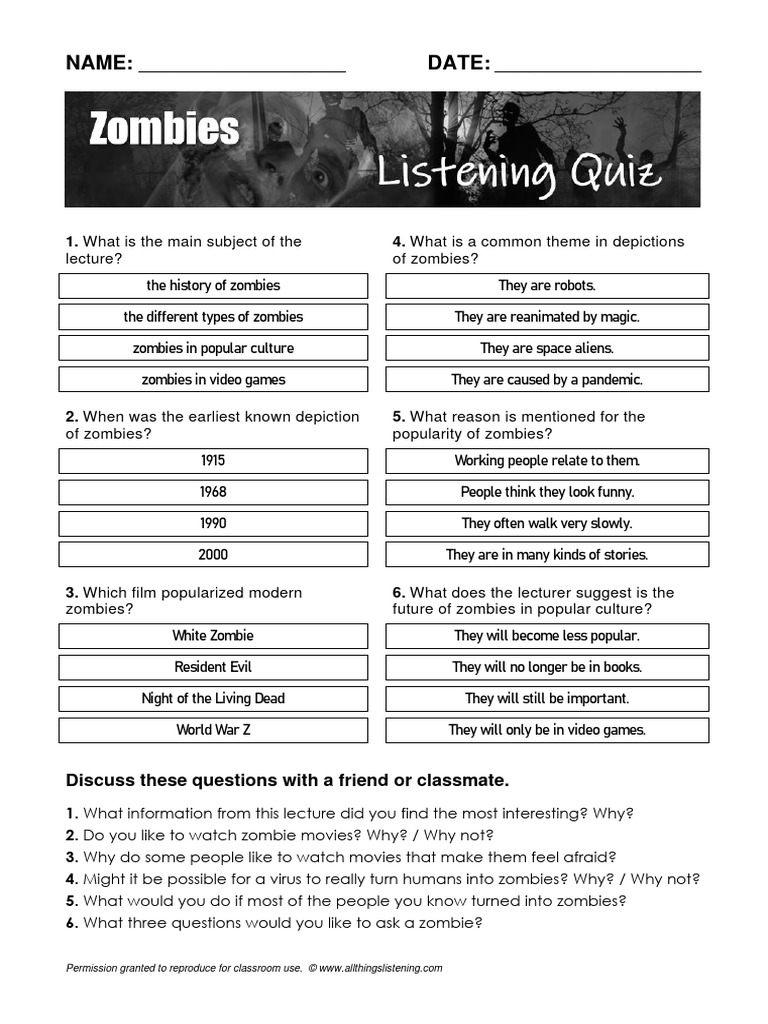 Zombies Listening Quiz 230217 | PDF | Zombies