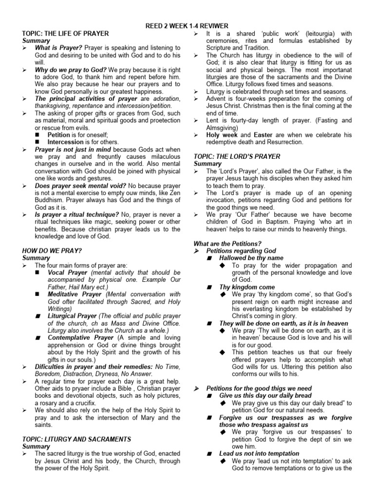 REED-2 - WEEK-1-4-REVIWER (1st Year College) | PDF | Liturgical Year | Sacraments