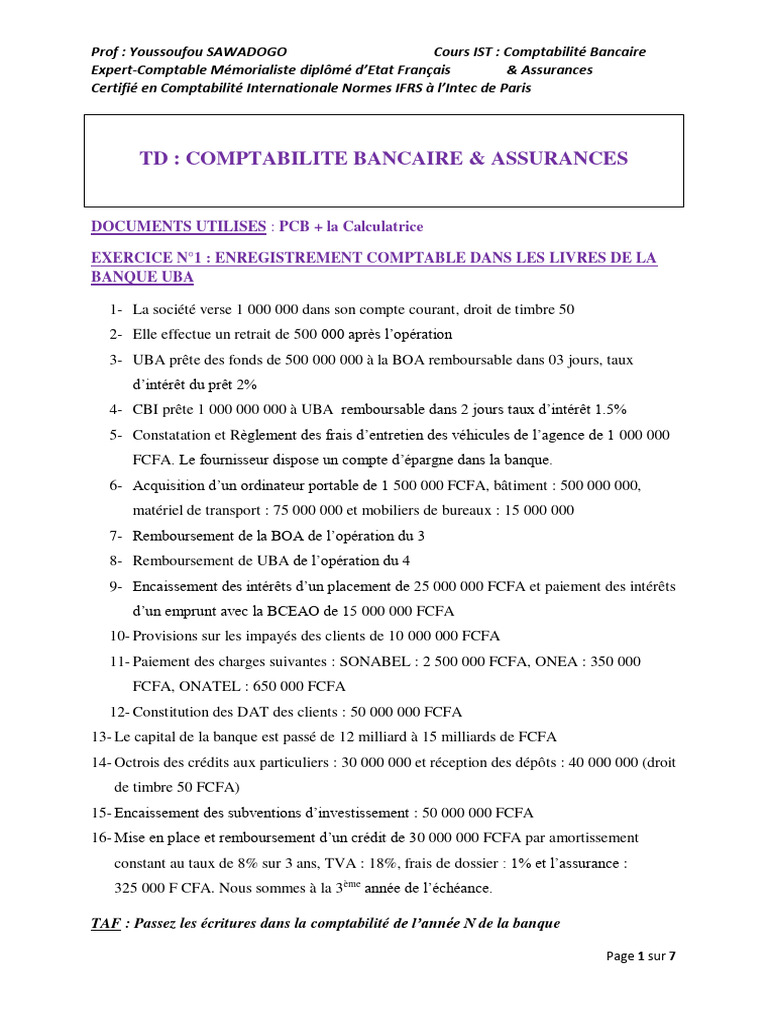 TD: Comptabilite Bancaire & Assurances | PDF | Banques | Dépréciation