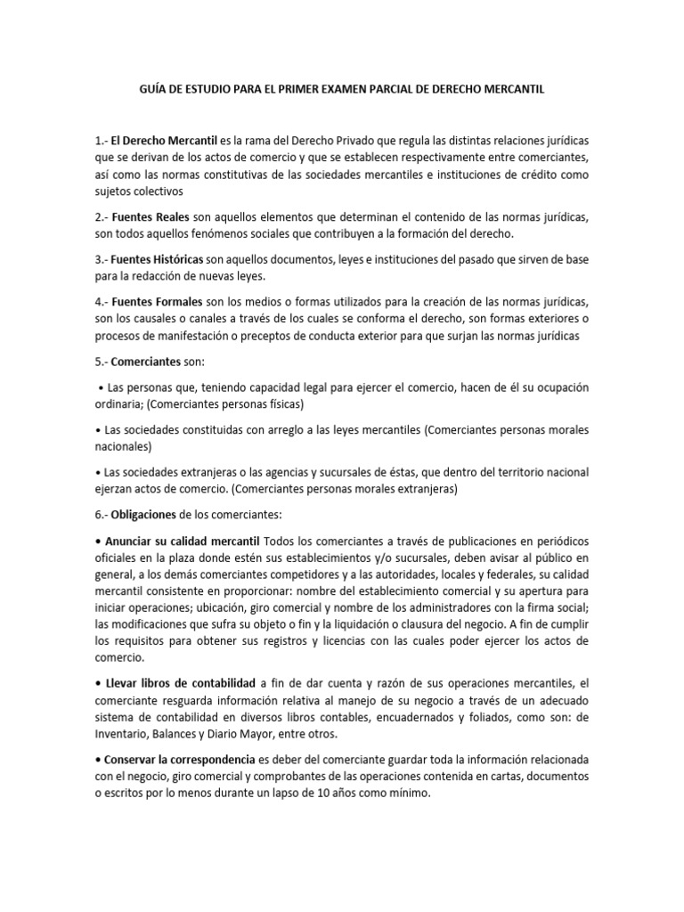 Guía de Estudio para El Primer Examen Parcial de Derecho Mercantil | PDF | Contabilidad | aduana