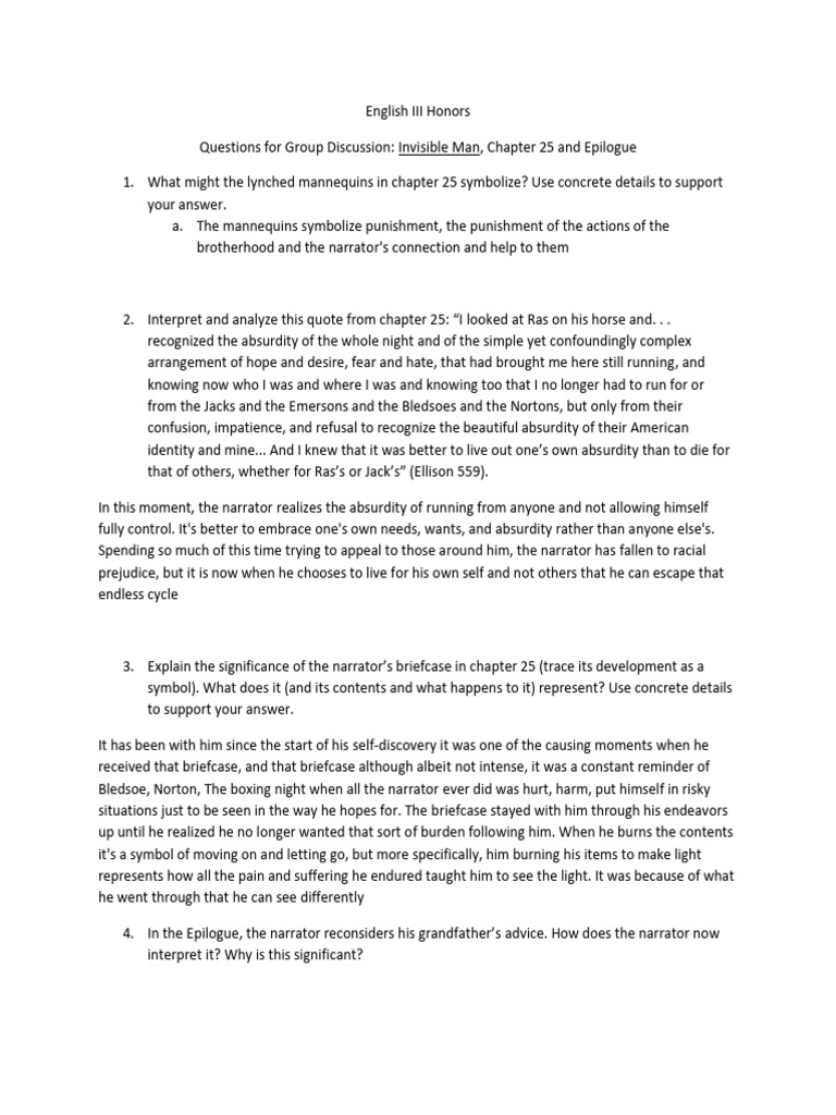 Discussion Questions: Invisible Man, Ch. 25 | PDF | Philosophy | Poetry