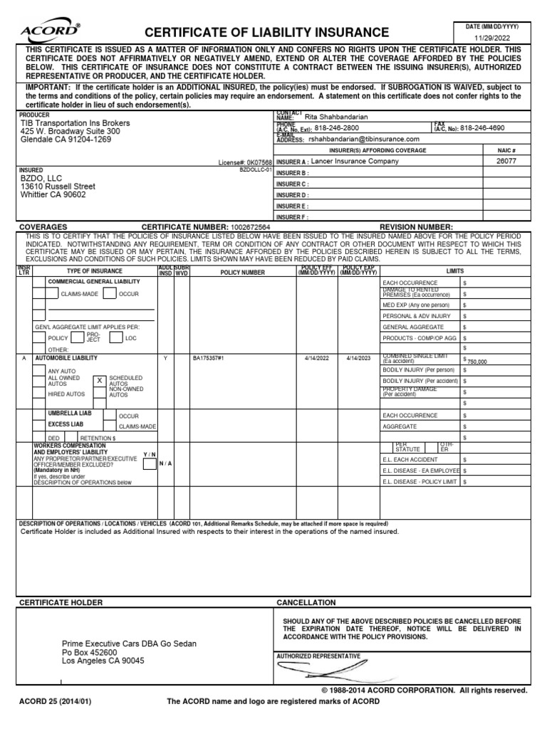 Certificate of Liability Insurance Template | PDF | Insurance | Vehicle ...