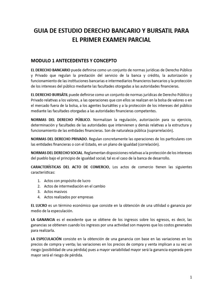 Guia de Derecho Bancario y Bursatil para El Primer Examen Parcial | Descargar gratis PDF ...