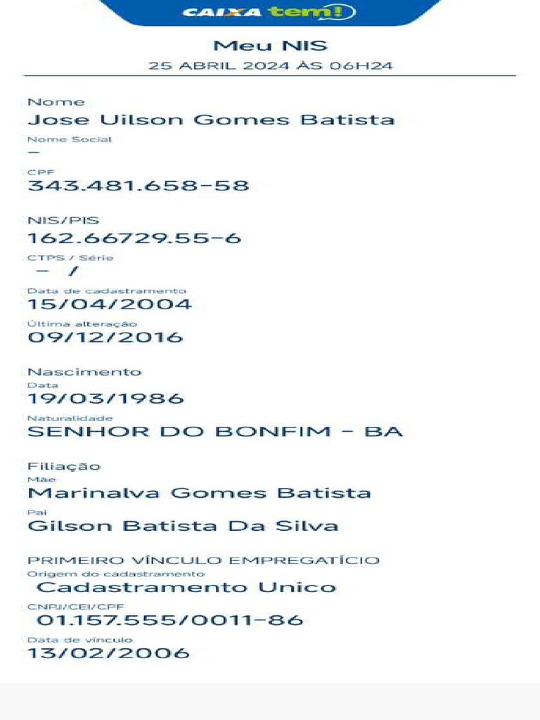 Meu NIS Caixa Econômica. Uilson 2024. | PDF