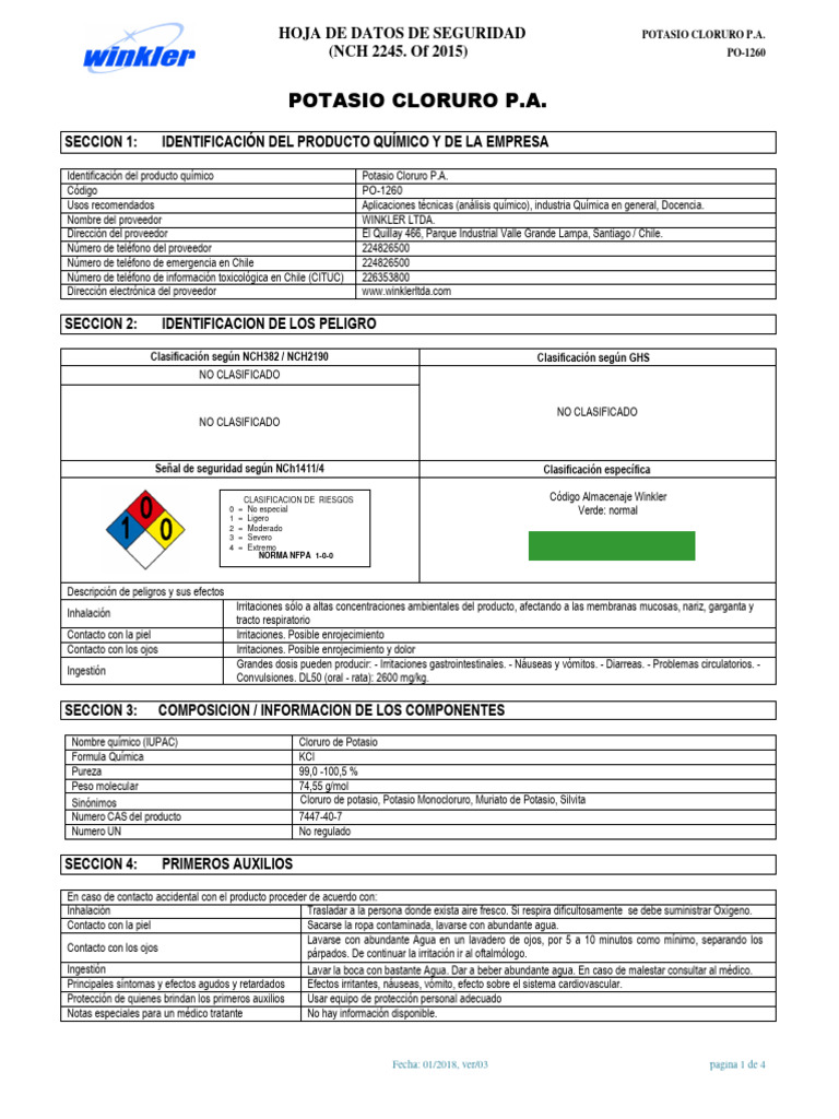 Hoja de Seguridad: Cloruro de Potasio | PDF | Agua | Sal (química)