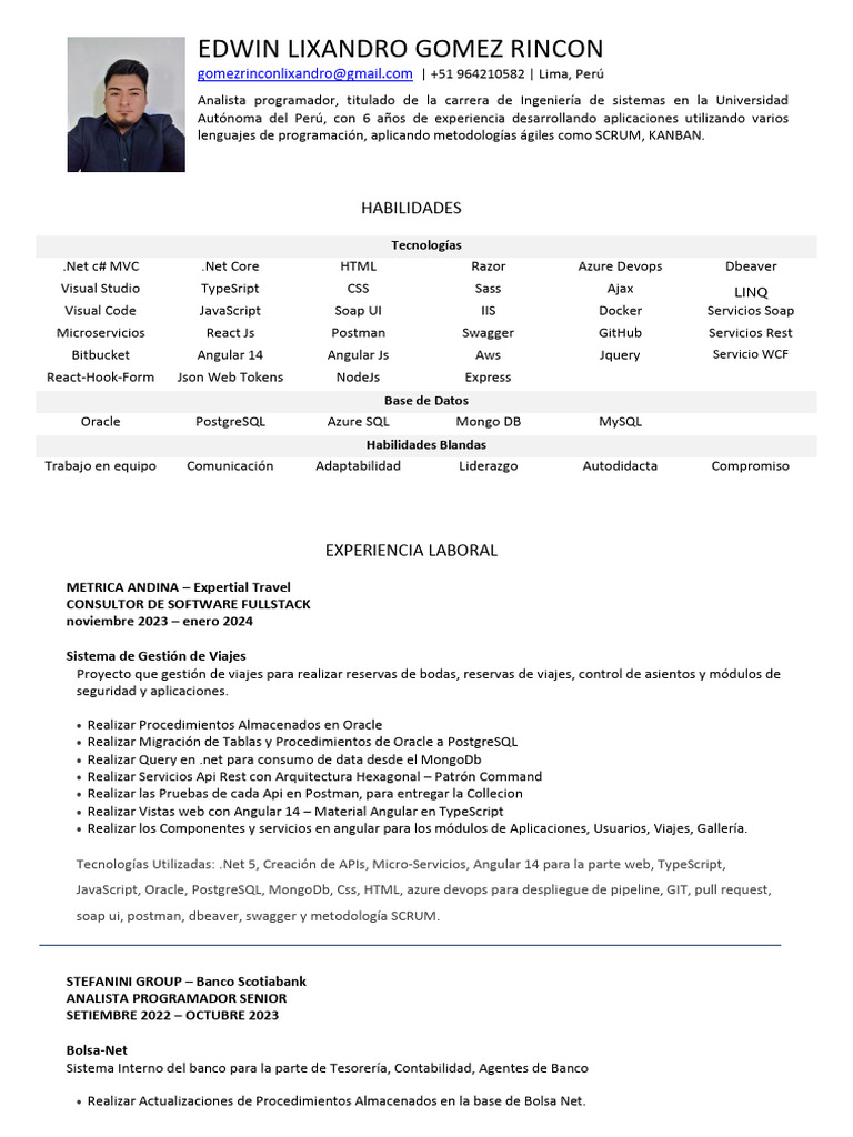 CV Edwin Lix and Ro Gomez Rincon | PDF | Servidor SQL de Microsoft | .NET Framework