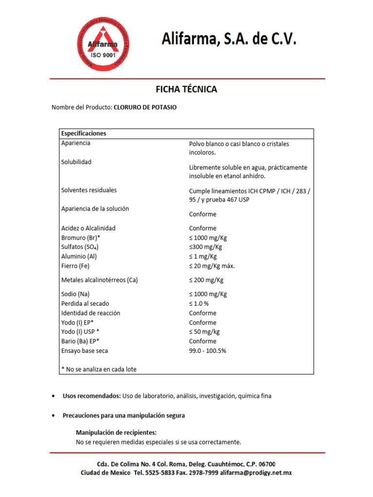 Ficha Técnica Alifarma Cloruro de Potasio | PDF