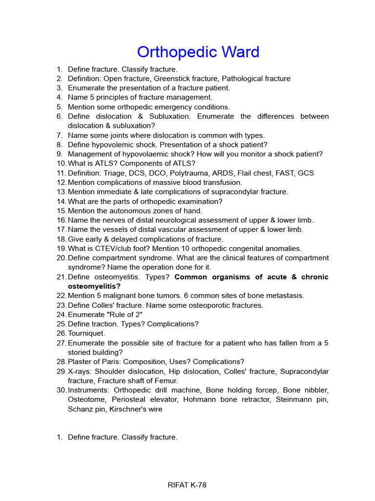 Orthopedic Ward | PDF | Shock (Circulatory) | Medical Specialties