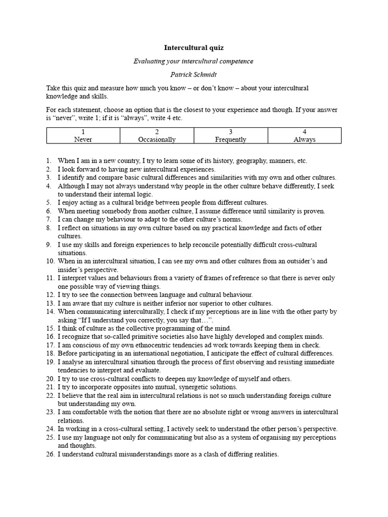 Intercultural Skills Quiz | PDF | Cross Cultural Communication | Experience