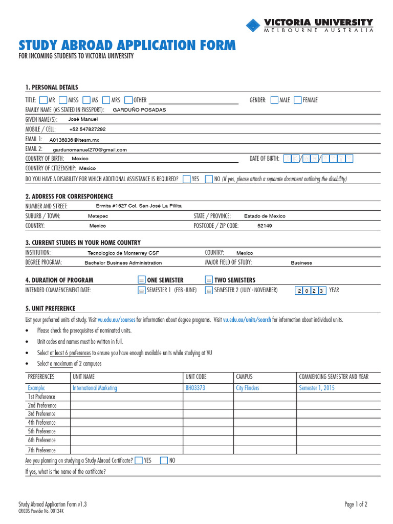 Study Abroad Form for VU Students | PDF