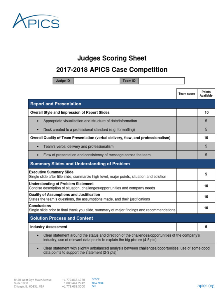 2017 2018 Apics Case Competition Judging Rubric | PDF | Supply Chain ...
