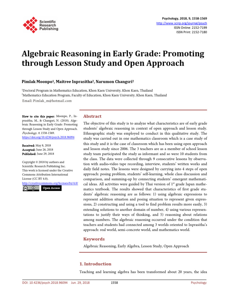 Algebraic Reasoning in Early Grade - Promoting Through Lesson Study and Open Approach | Download ...