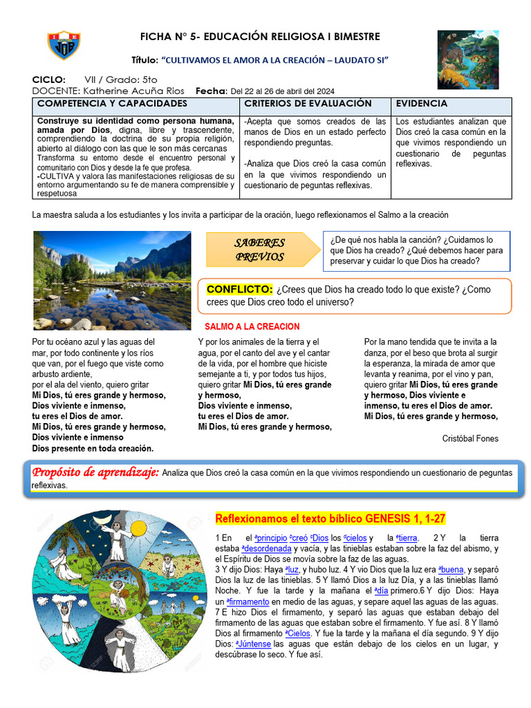 Ficha #5 - 5° Año | PDF | Narrativa de la creación del Génesis