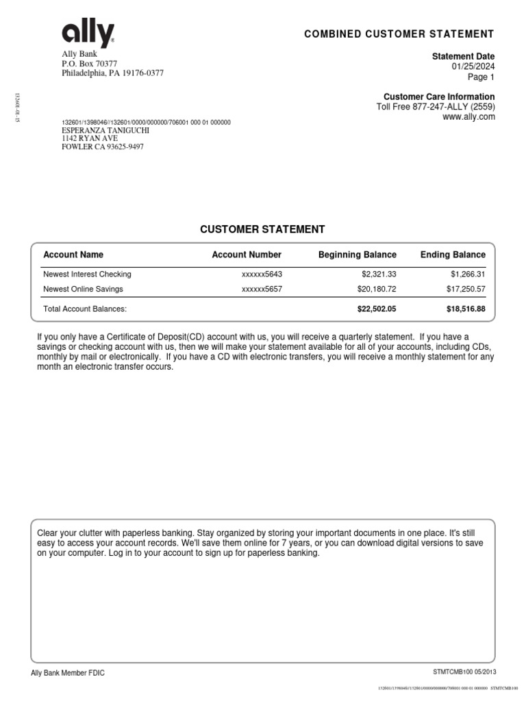Customer Statement: Ally Bank P.O. Box 70377 Philadelphia, PA 19176 ...