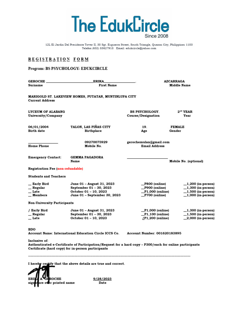 Psychology Registration Form | PDF