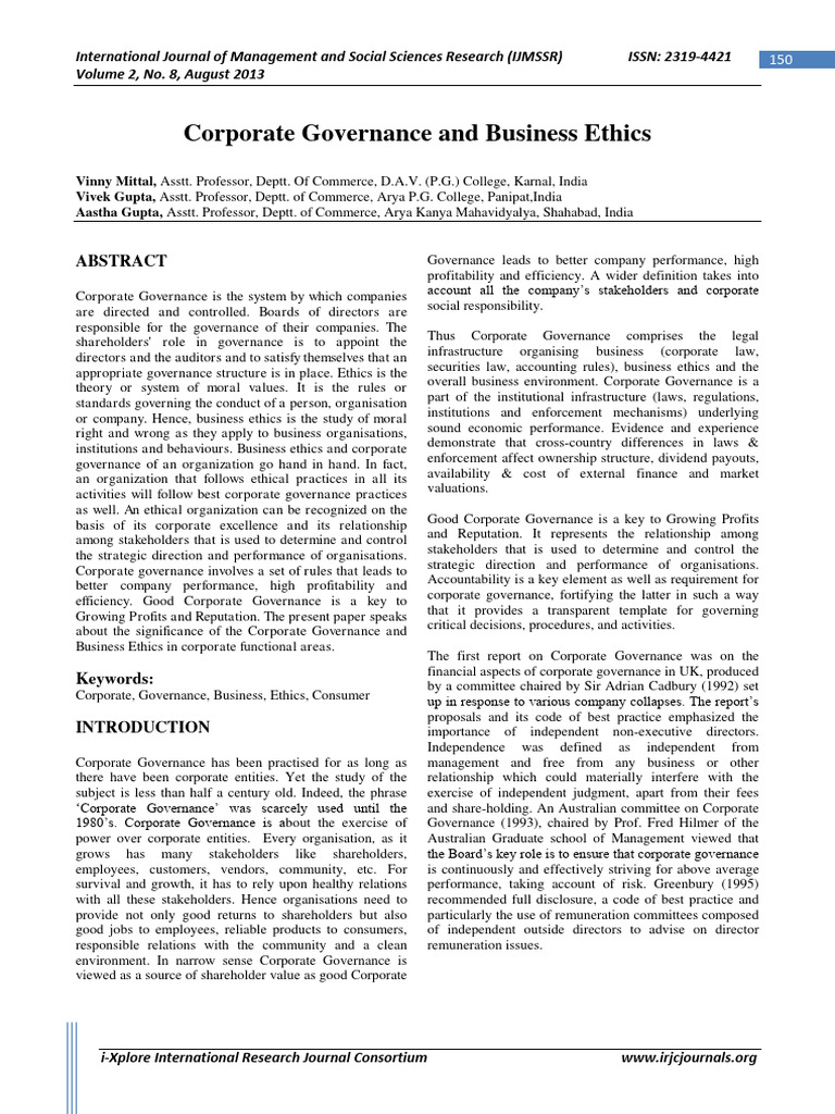 Corporate Governance and Business Ethics | PDF | Business Ethics ...