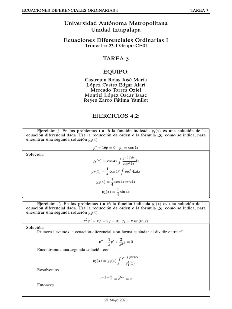 Tarea III EDO | PDF | Ecuaciones | Ecuación diferencial ordinaria