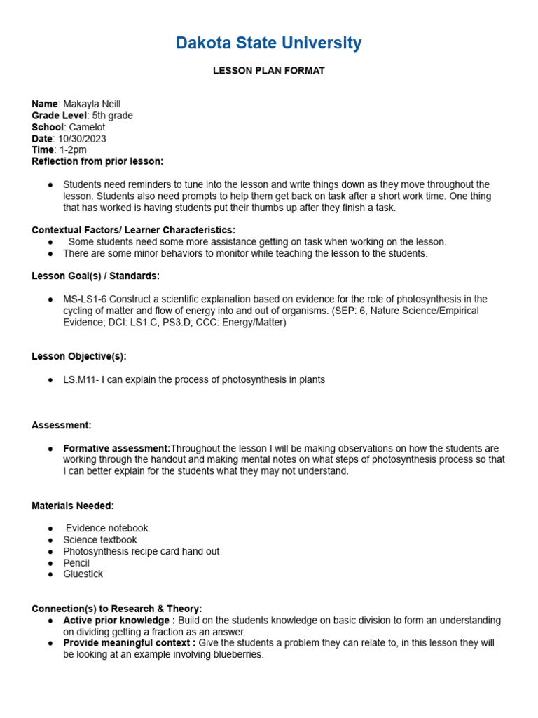 5th Grade Photosynthesis Lesson Plan | PDF | Science | Knowledge