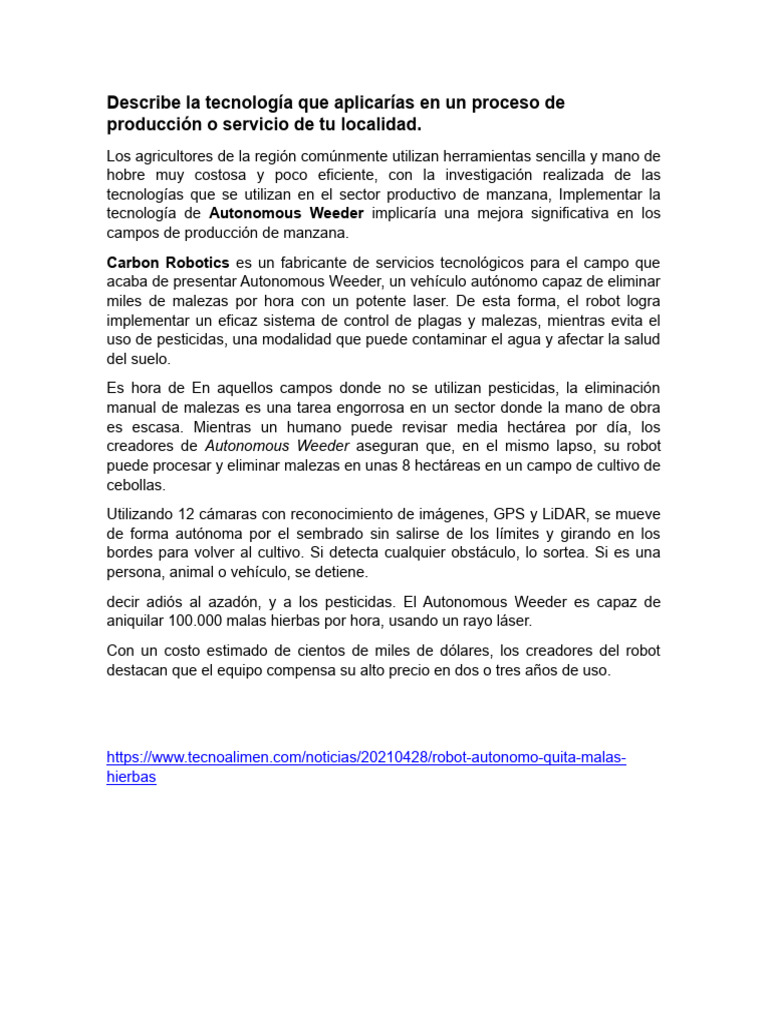 Describe La Tecnología Que Aplicarías en Un Proceso de Producción o Servicio de Tu Localidad | PDF