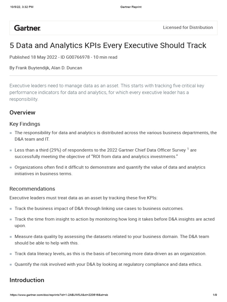 5 Data and Analytics KPIs Gartner | Download Free PDF | Analytics | Performance Indicator