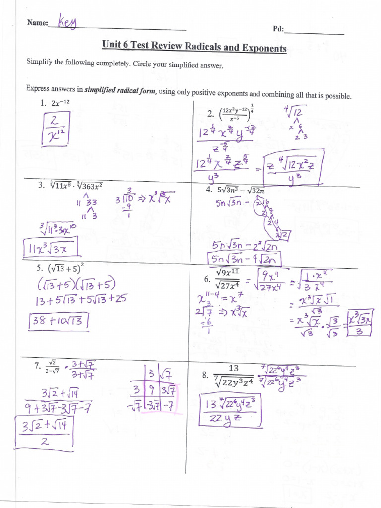 Unit 6 Test Review Radicals and Exponents Key | PDF