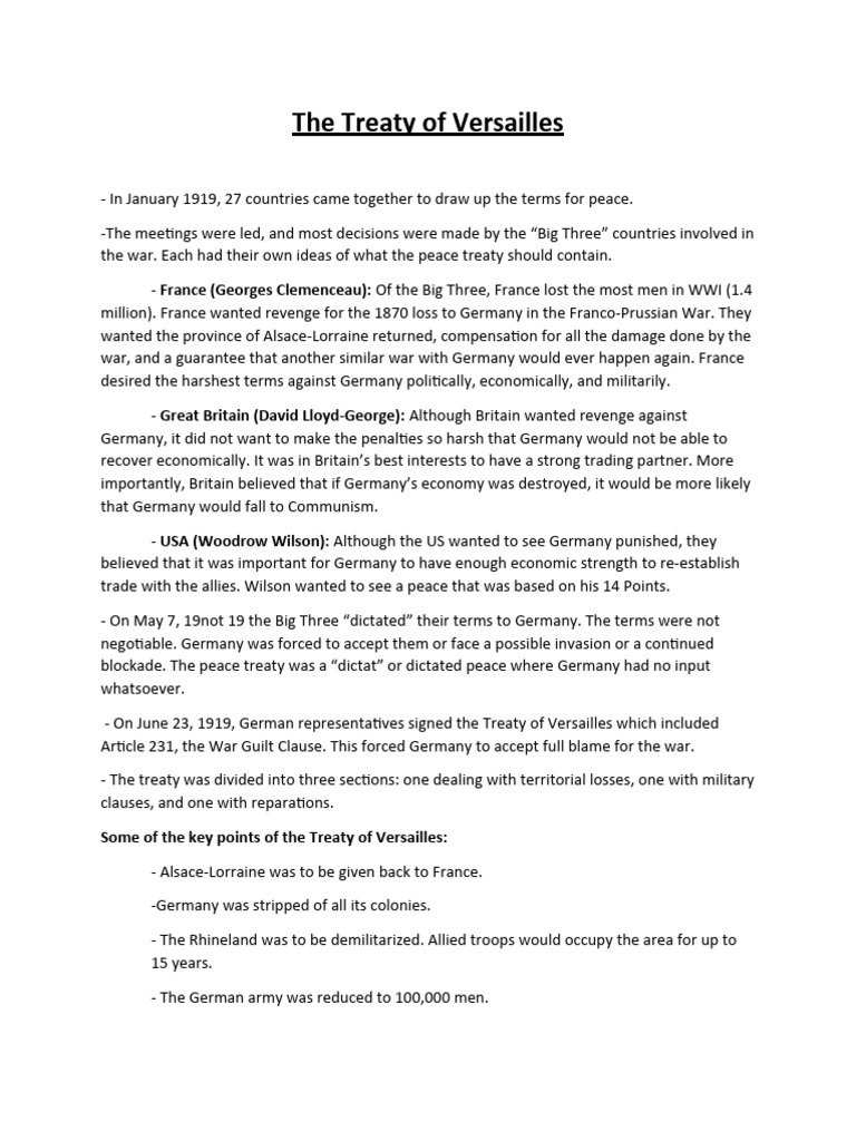 Notes-The Treaty of Versailles | PDF | Treaty Of Versailles | German Empire