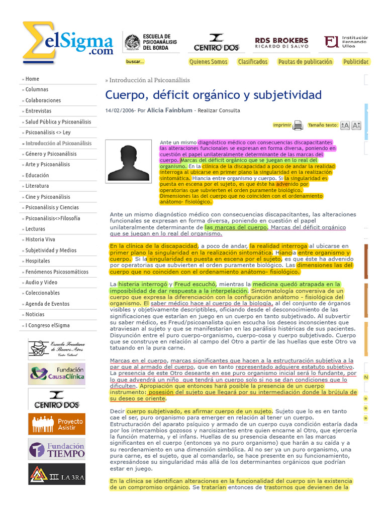 Alicia Fainblum - Cuerpo, Déficit Orgánico y Subjetividad - Introducción Al Psicoanálisis ...