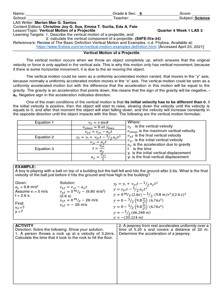 Science 9 Quarter 4 W1 Las 3 | PDF | Acceleration | Velocity