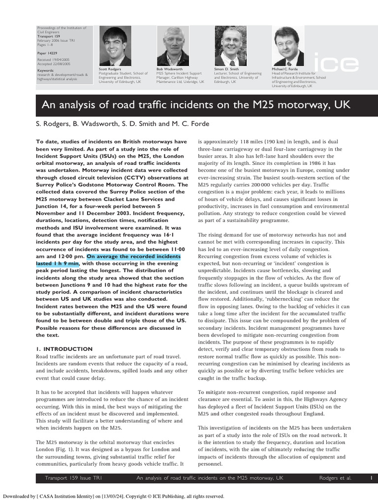 Rodgers Et Al 2015 An Analysis of Road Traffic Incidents On The m25 Motorway Uk | PDF | Traffic ...