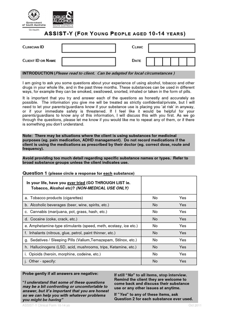 ASSIST-Y Substance Use Form 10-14 Years | PDF | Recreational Drug Use ...