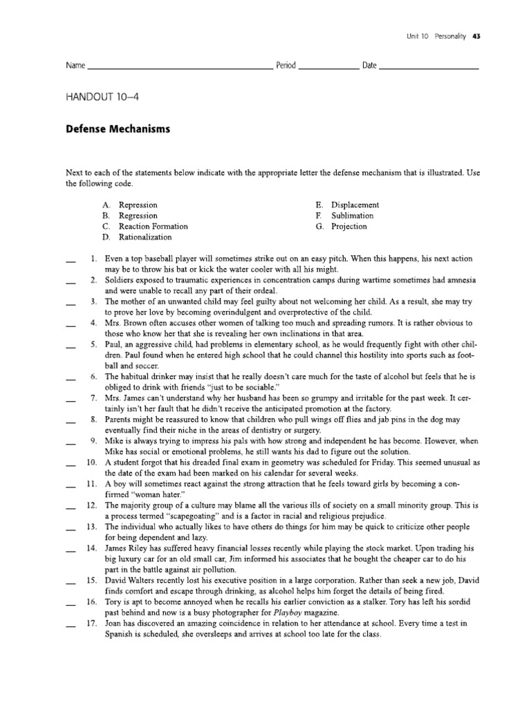 Handout 10-4 Defense Mechanisms | PDF