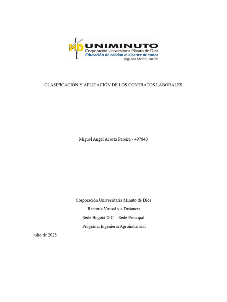 CLASIFICACIÓN Y APLICACIÓN DE LOS CONTRATOS LABORALES - Miguel Acosta - 497840 | PDF | Derecho ...