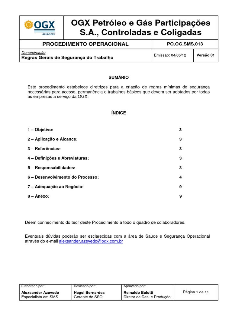 PO OG SMS 013 - Regras Gerais de Segurança Do Trabalho | PDF | Dirigir ...