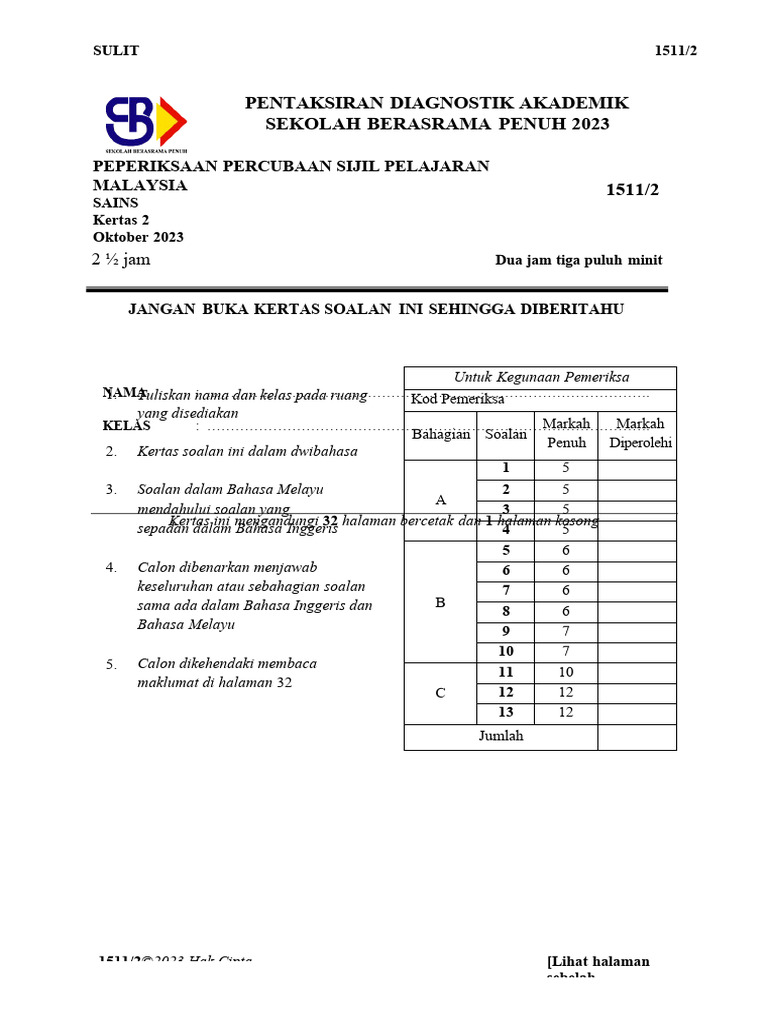 Sains K2 Trial Sbp 2023 Pdf