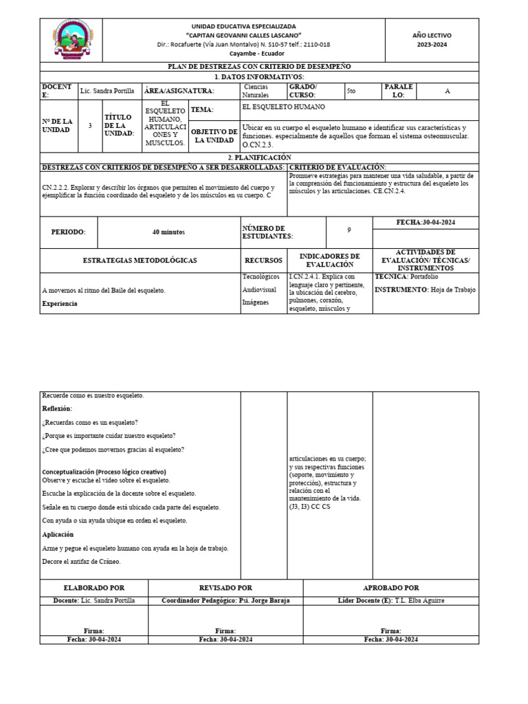 PLAN DE CLASE Formato 2024 | PDF | Esqueleto | Hueso