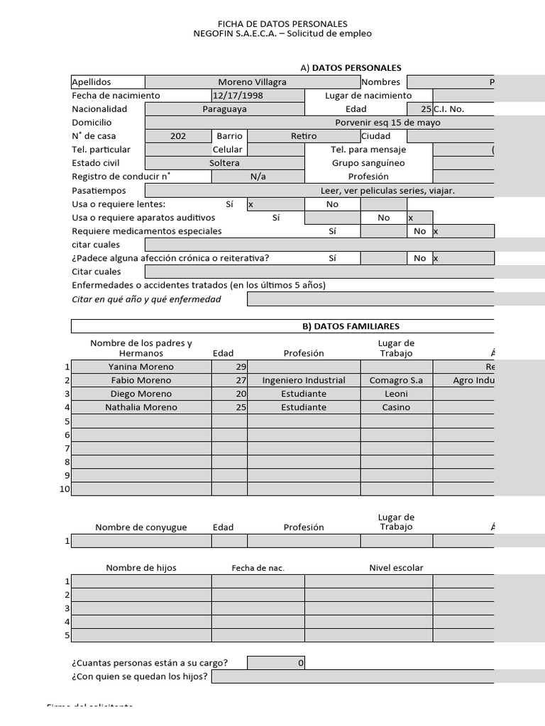 Ficha de Datos Personales en Excel | PDF