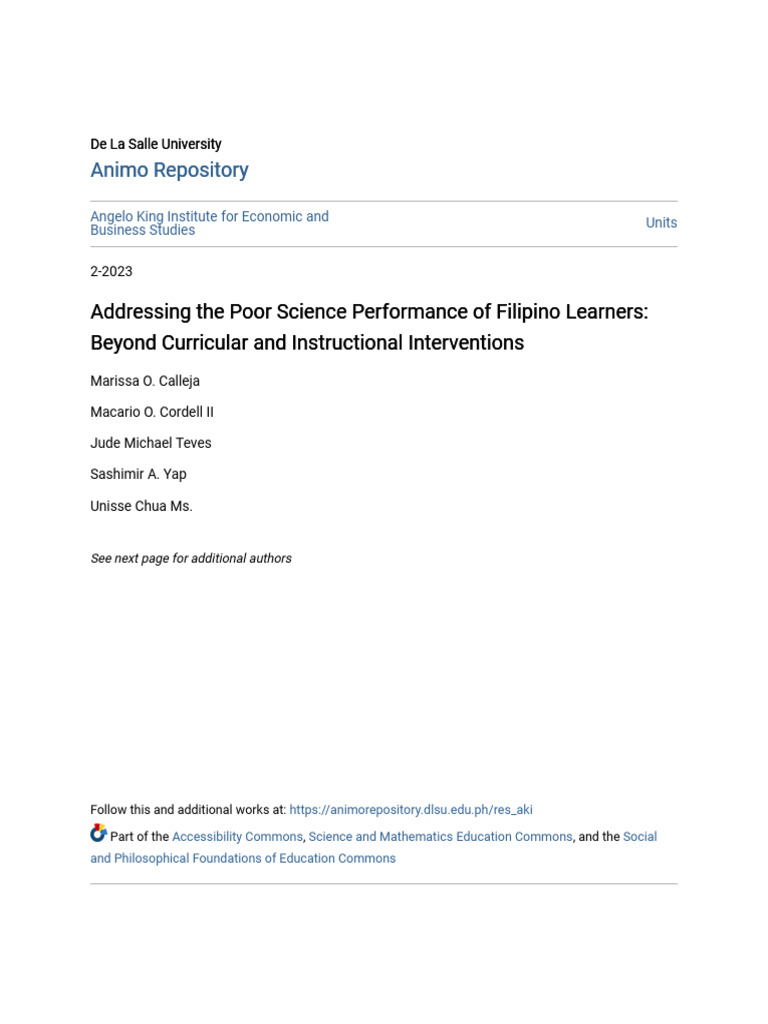 Addressing The Poor Science Performance of Filipino Learners - Bey ...