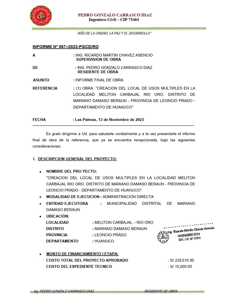 Informe Final de Obra en Huánuco | PDF