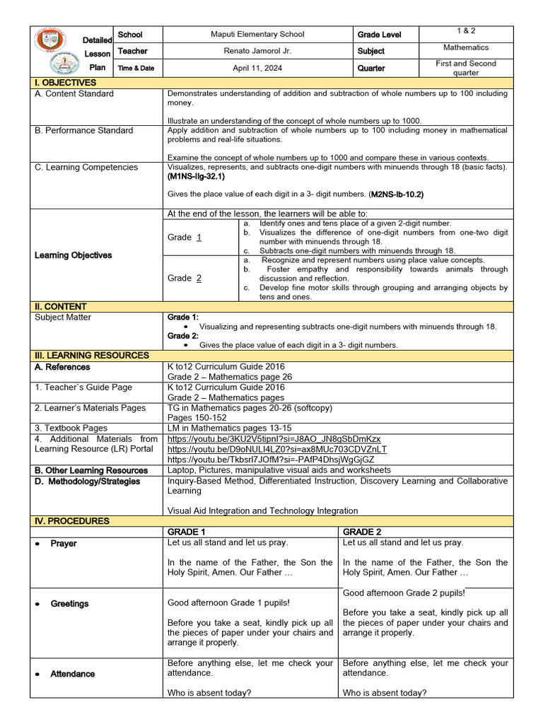 (Educ Elect 1) Lesson Plan | PDF | Subtraction | Learning