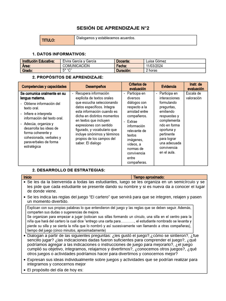 Sesión de Aprendizaje de Comunicación 11-03-2024 | PDF | Evaluación | Comunicación
