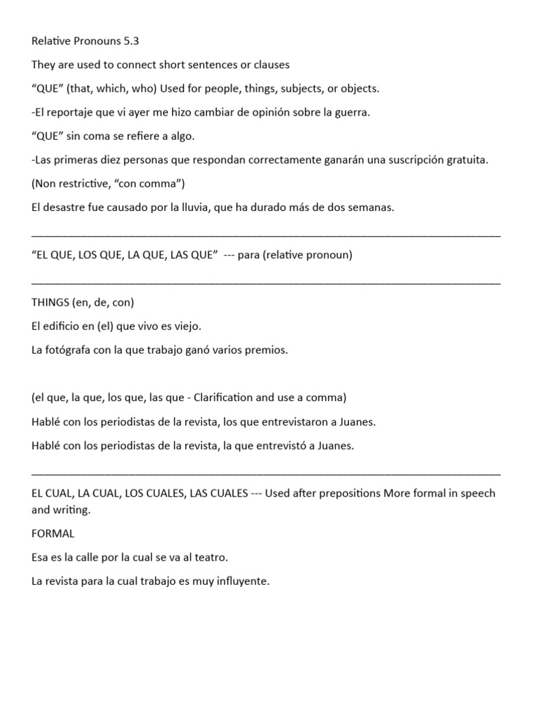 Relative Pronouns Spanish | PDF