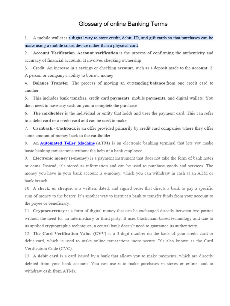 Glossary of Online Banking Terms | PDF | Credit Card | Cheque Glossary of Online Banking Terms | PDF | Credit Card | Cheque